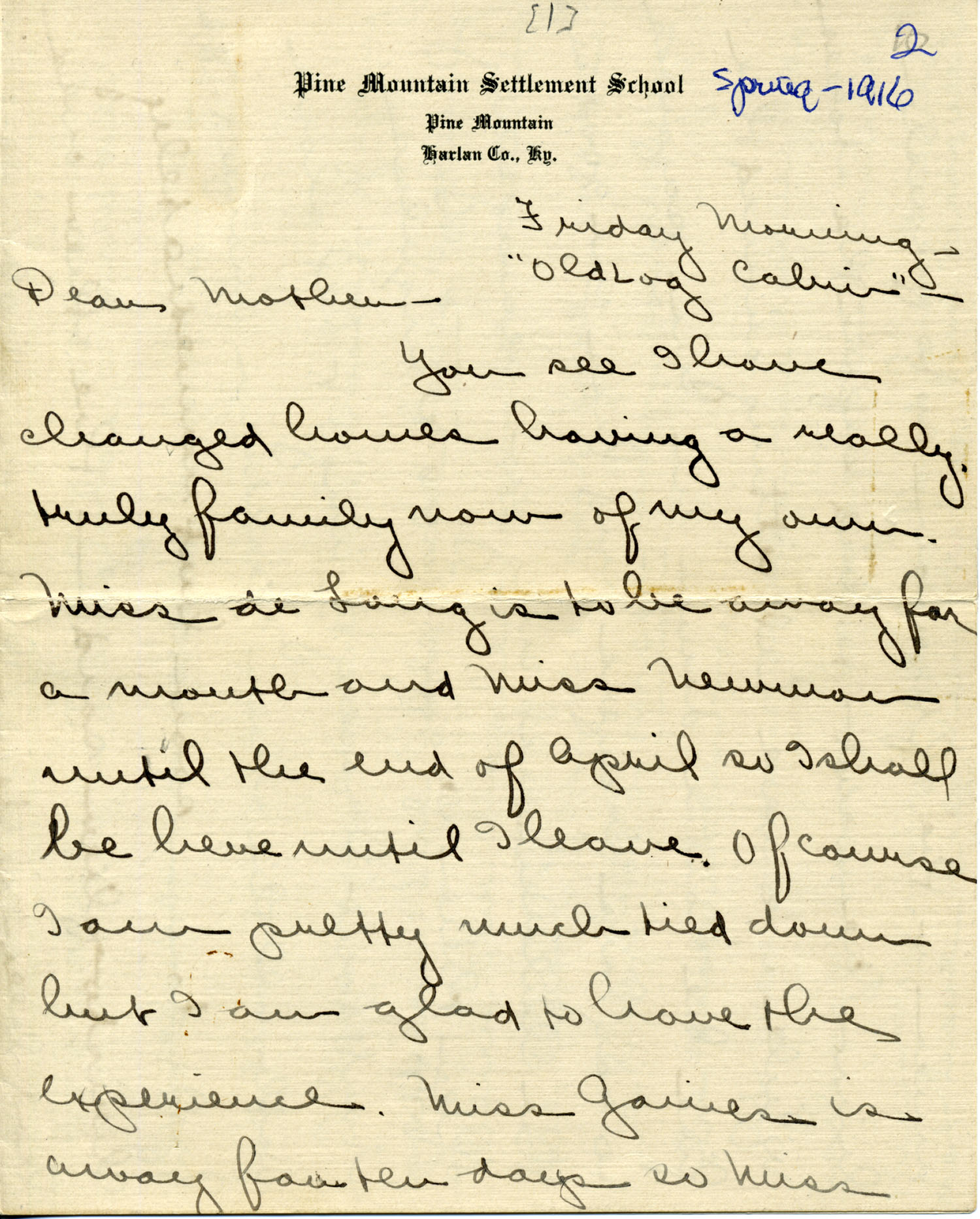 MARGUERITE BUTLER Letters 1916 - Pine Mountain Settlement School