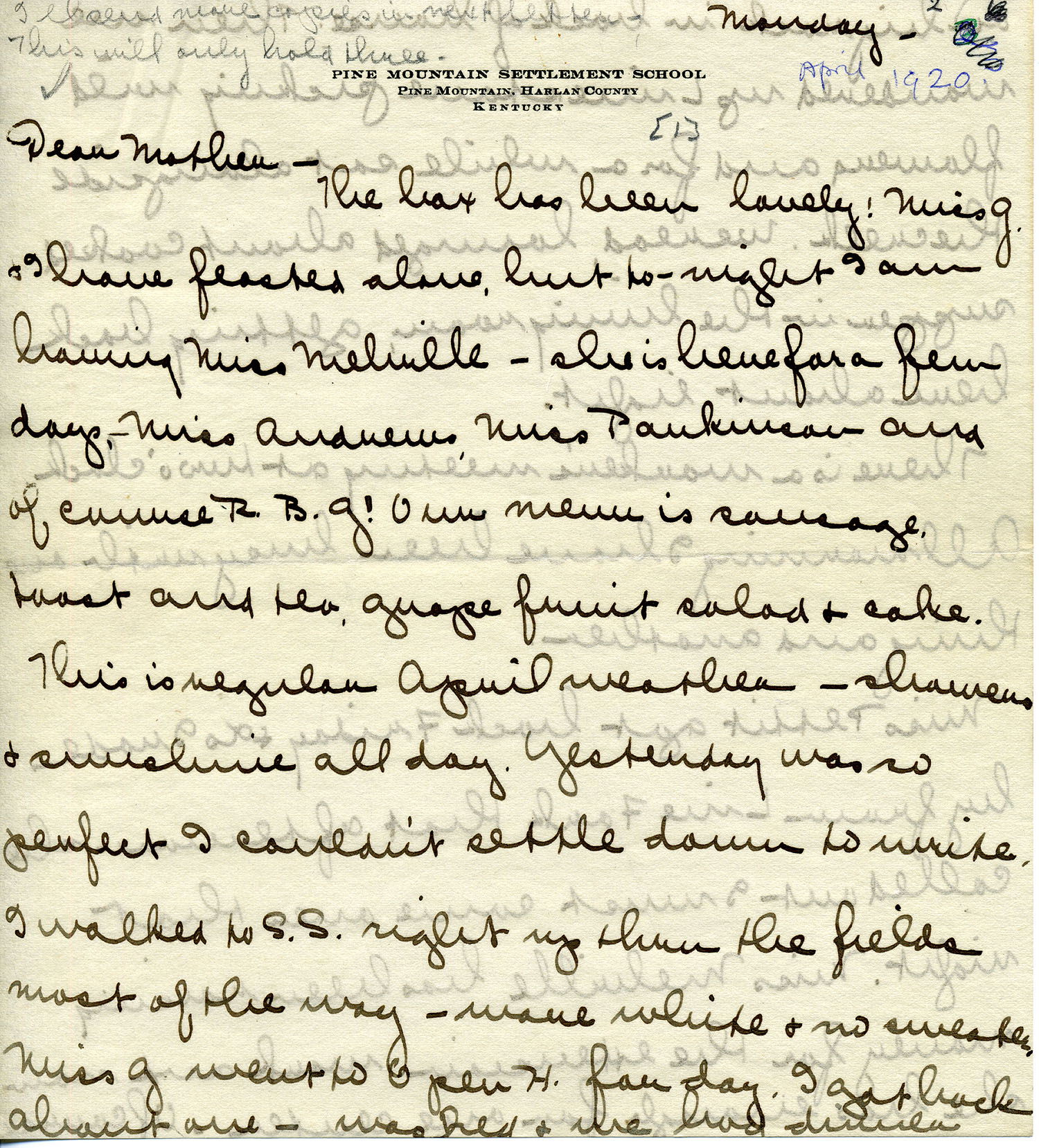 MARGUERITE BUTLER Letters 1920 - Pine Mountain Settlement School