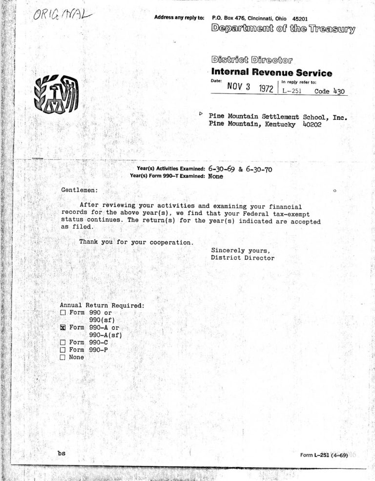 GOVERNANCE 1970-1972 Tax-Exempt Status 501c3 - PINE MOUNTAIN SETTLEMENT ...