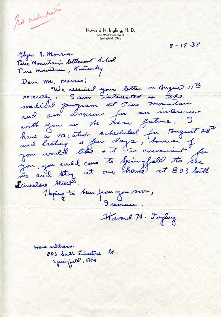 Dr. HOWARD INGLING Correspondence - PINE MOUNTAIN SETTLEMENT SCHOOL ...