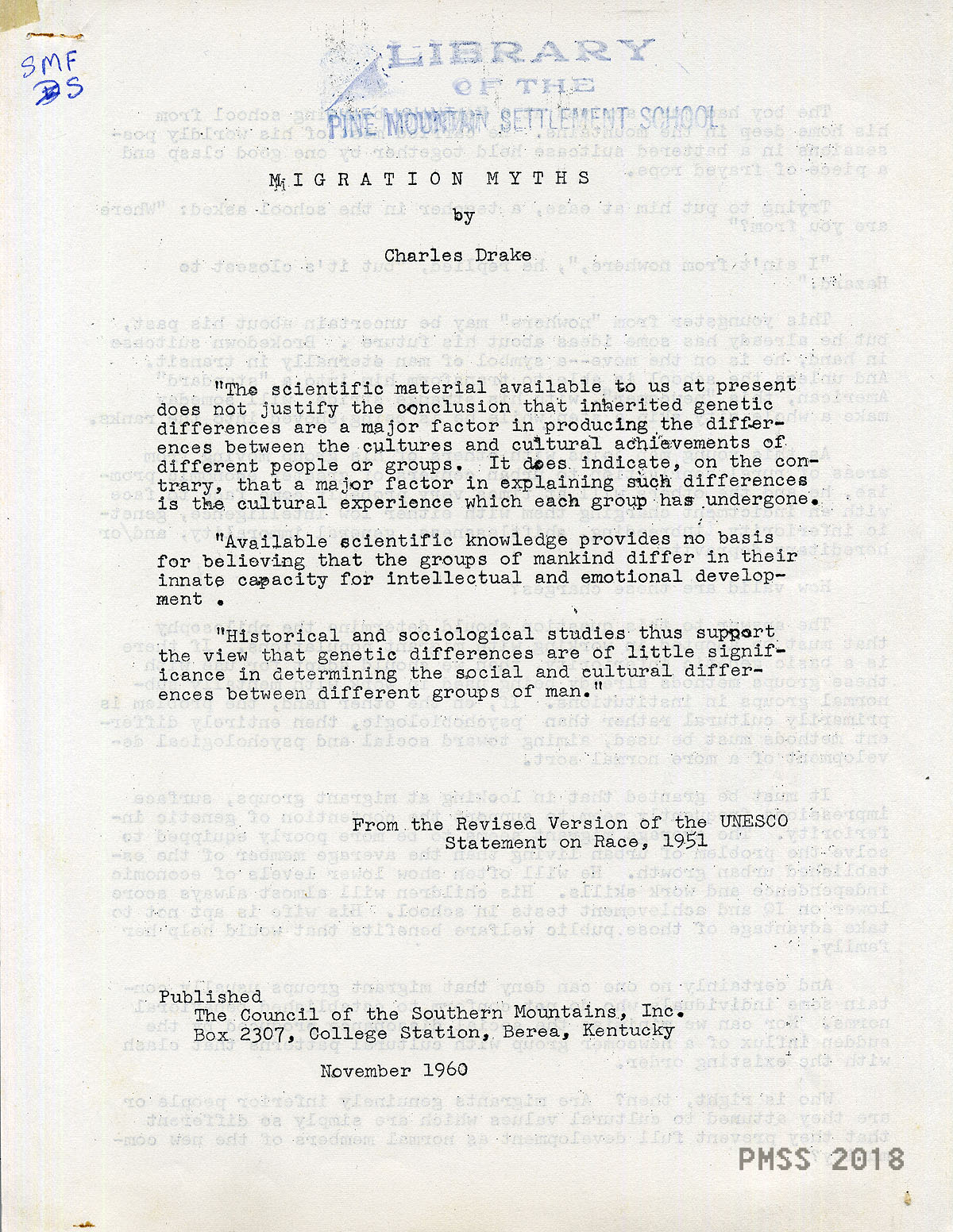 STUDIES SURVEYS REPORTS 1960 Charles Drake Migration Myths - PINE ...