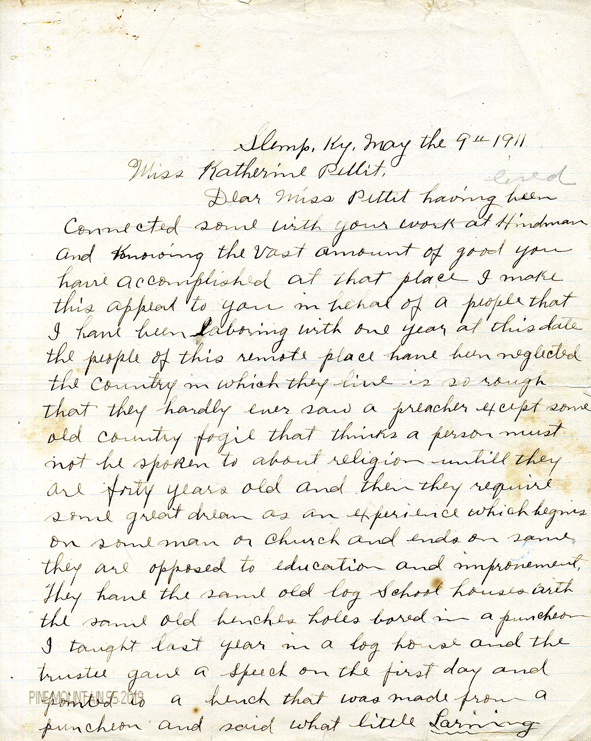 DEAR FRIEND LETTERS 1911 Katherine Pettit May 27, 1911 - PINE MOUNTAIN ...