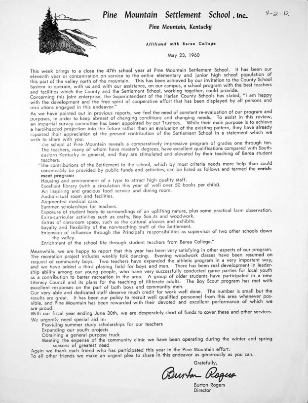 DEAR FRIEND LETTERS 1960 - PINE MOUNTAIN SETTLEMENT SCHOOL COLLECTIONS