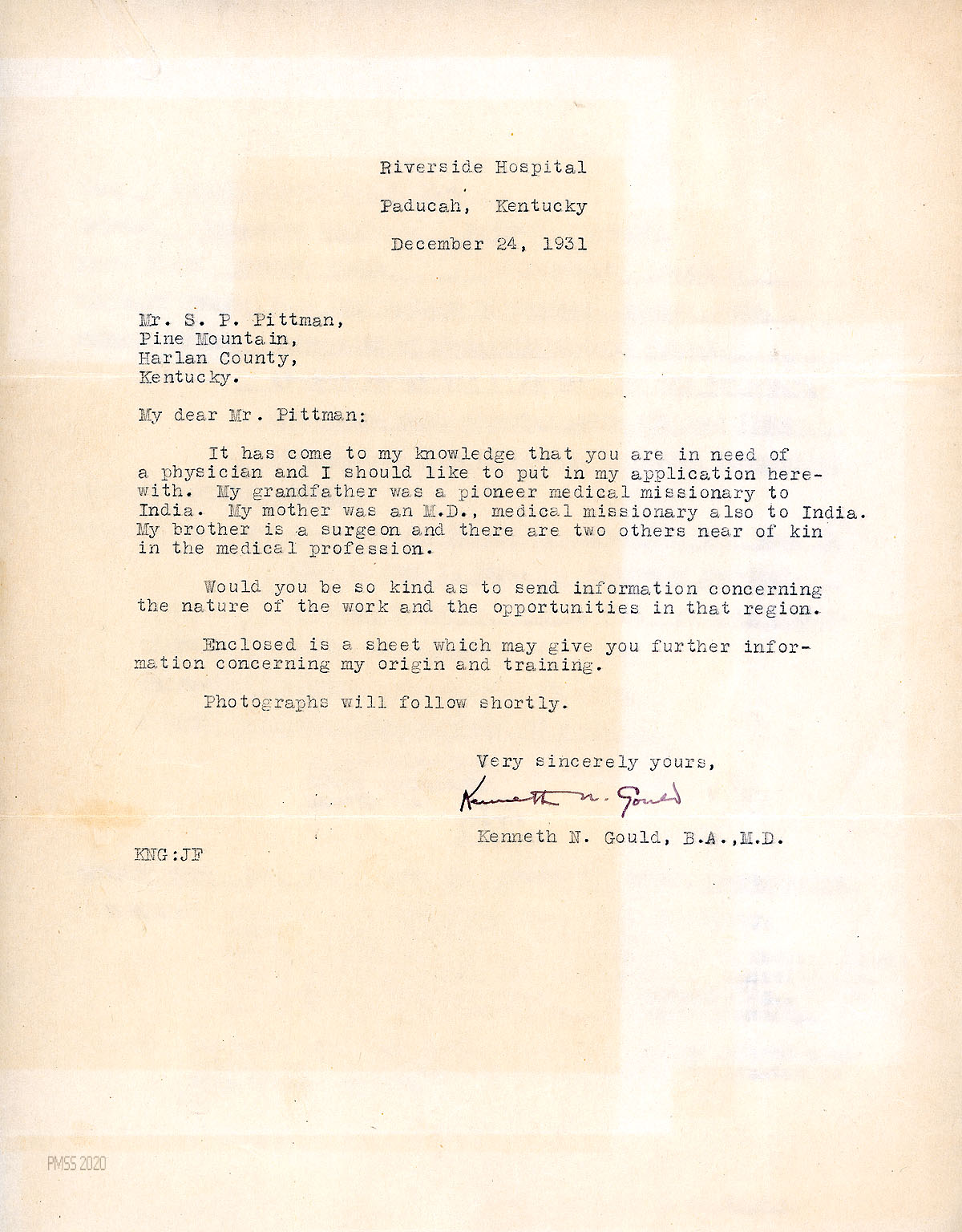 Dr. KENNETH GOULD Correspondence - PINE MOUNTAIN SETTLEMENT SCHOOL ...