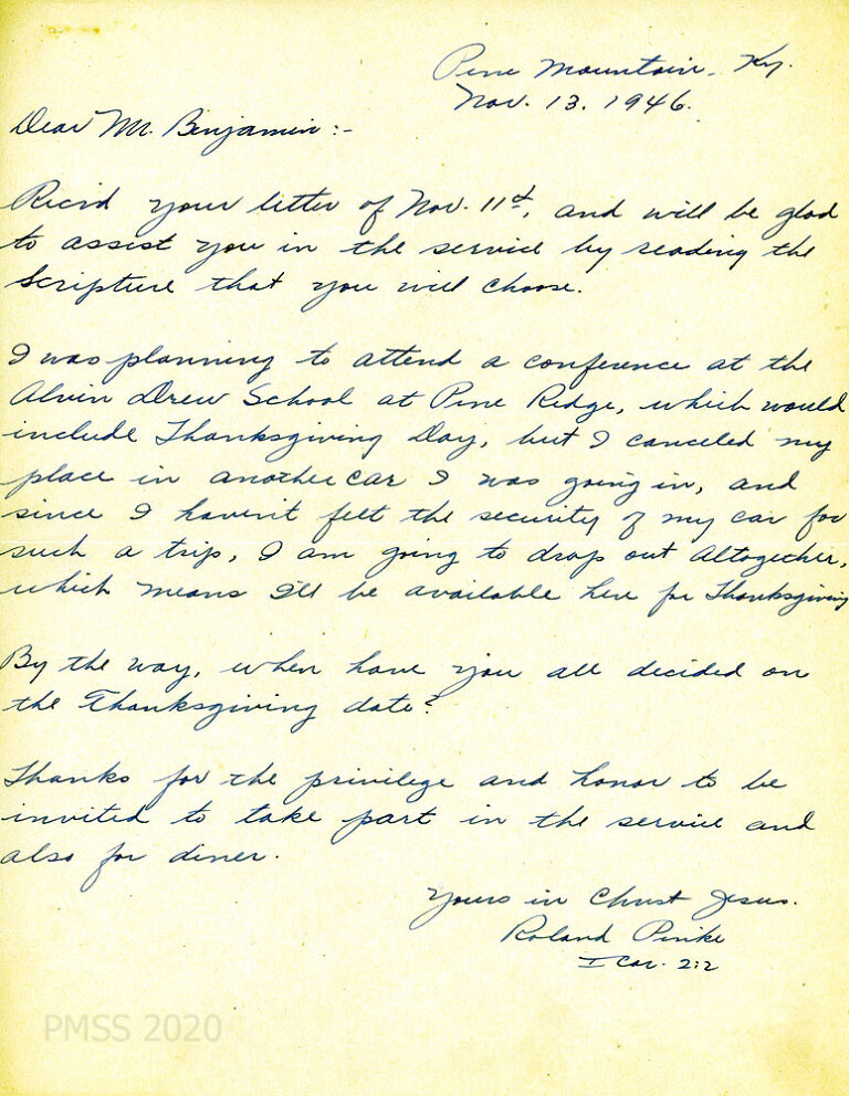 ROLAND F. PINKE Correspondence - PINE MOUNTAIN SETTLEMENT SCHOOL ...